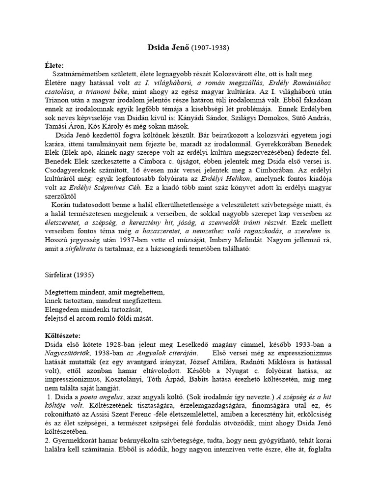 Témakör Dsida Jenő | PDF