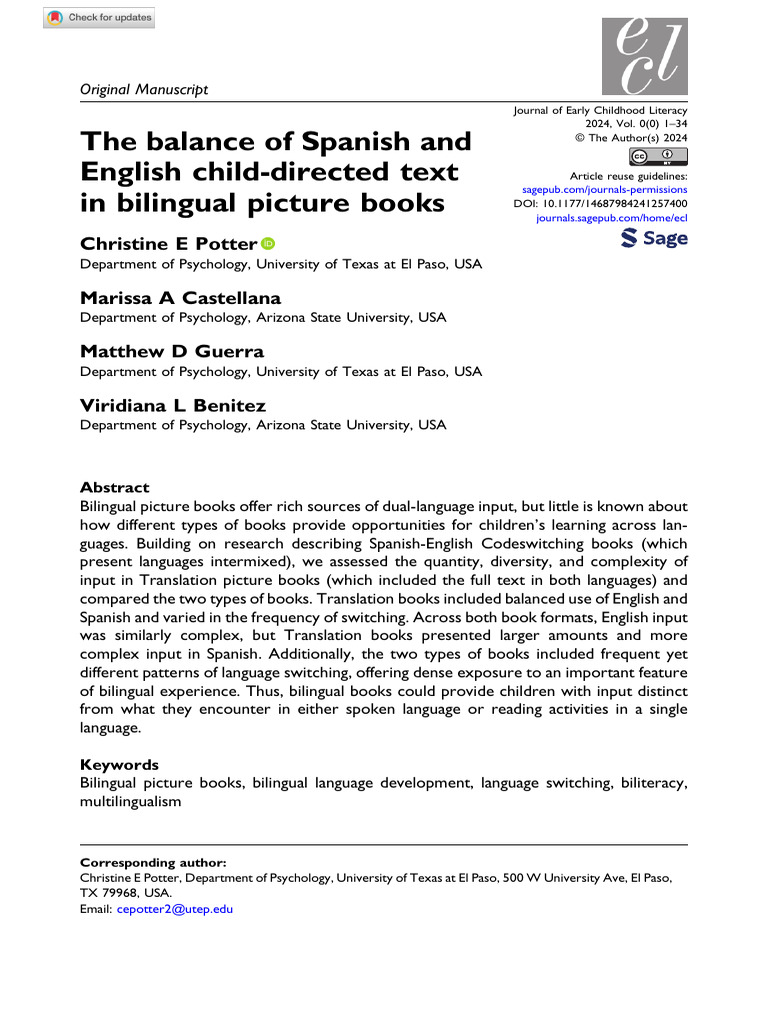 SAGE Potter Et Al 2024 The Balance of Spanish and English Child ...