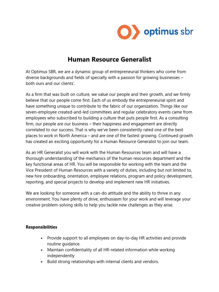 Human Resource Generalist - JD | PDF | Human Resource Management ...