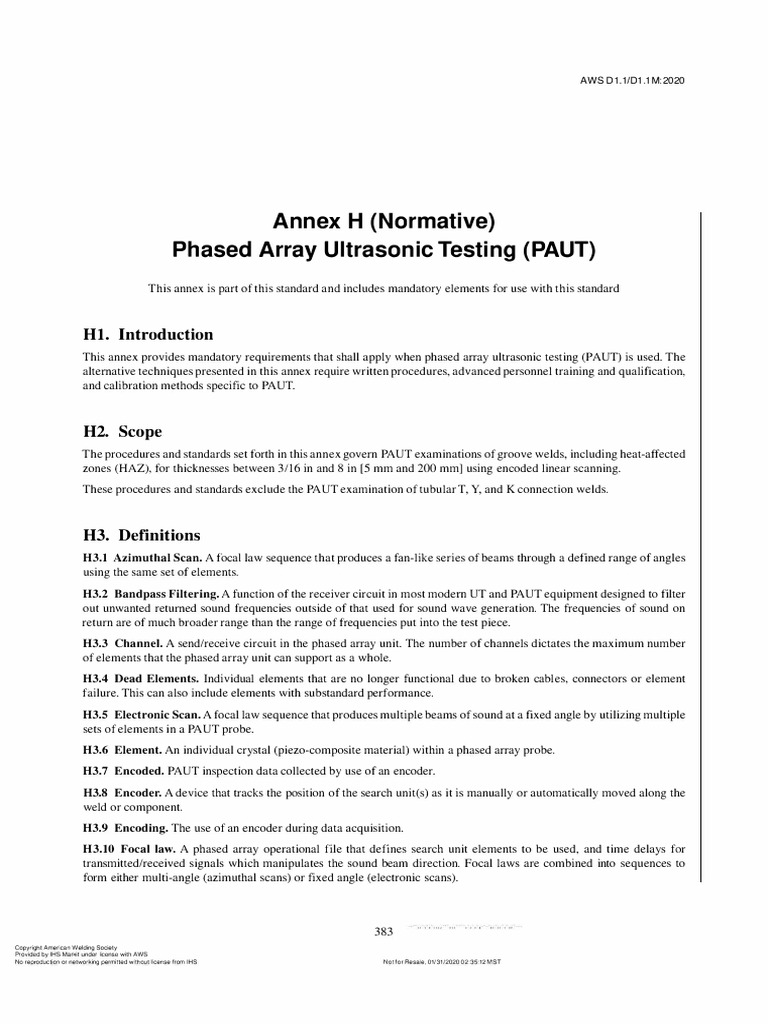Annex H PAUT AWS D1.1 - D1.1M-2020 Structural Welding Code-Steel | PDF