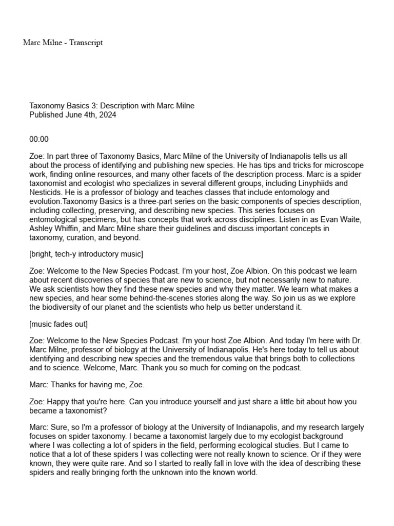 Marc Milne - Transcript | PDF | Species | Taxonomy (Biology)
