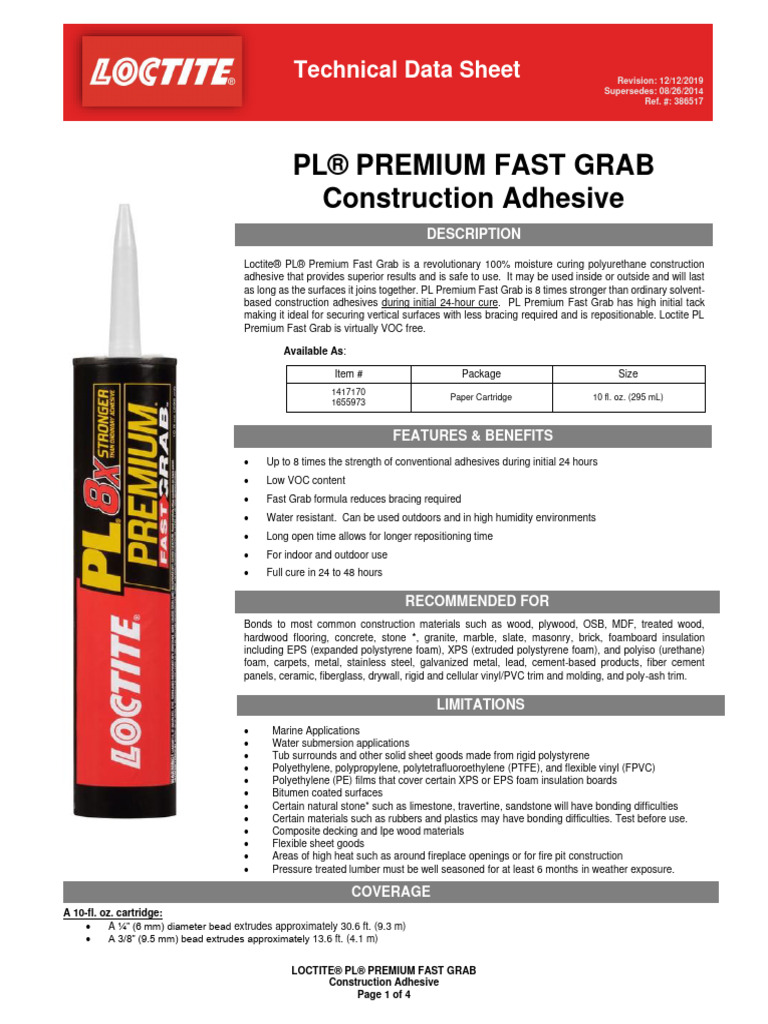 Tds Us Loctite Loc PL Premium 8x Fast Grab 2019-12-12 | PDF ...