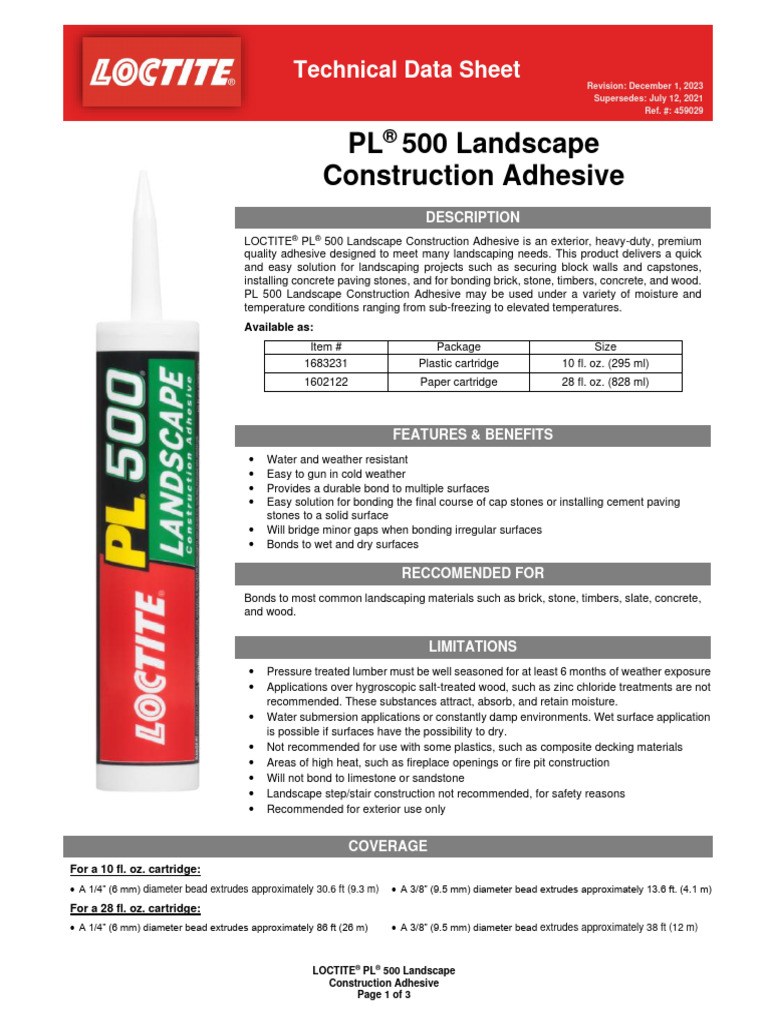 Loctite PL 500 Landscape Block TDS 2023 | PDF | Adhesive | Lumber