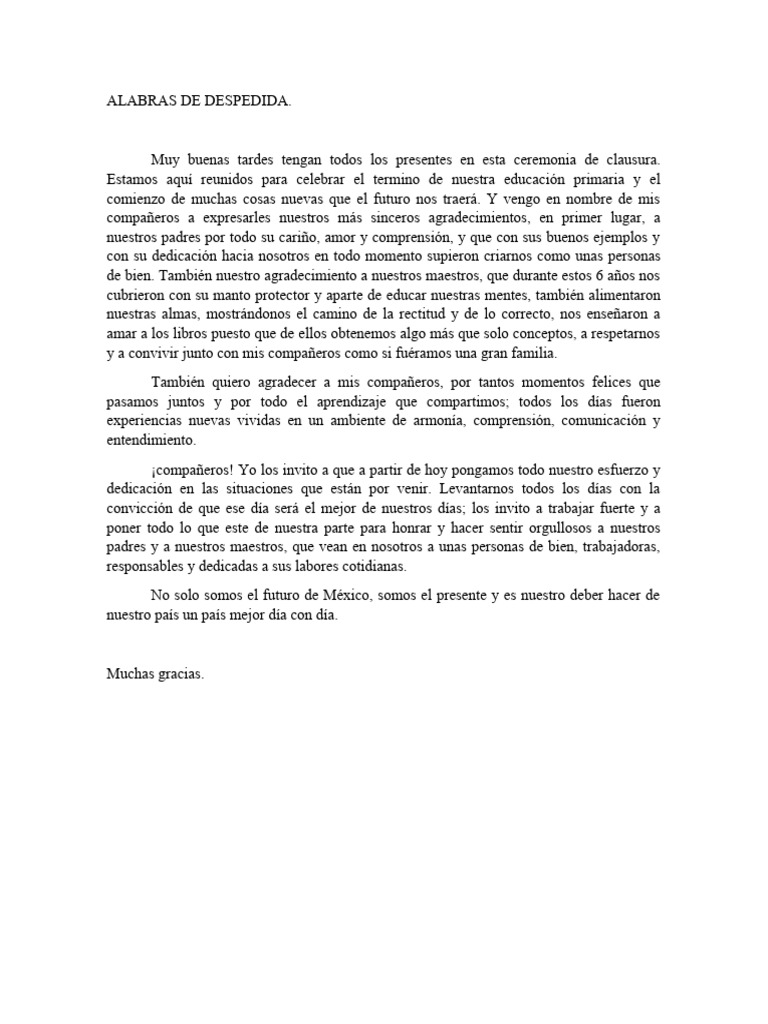 Alabras de Despedida Alumnos Sexto Grado | PDF | Amor | Educación primaria