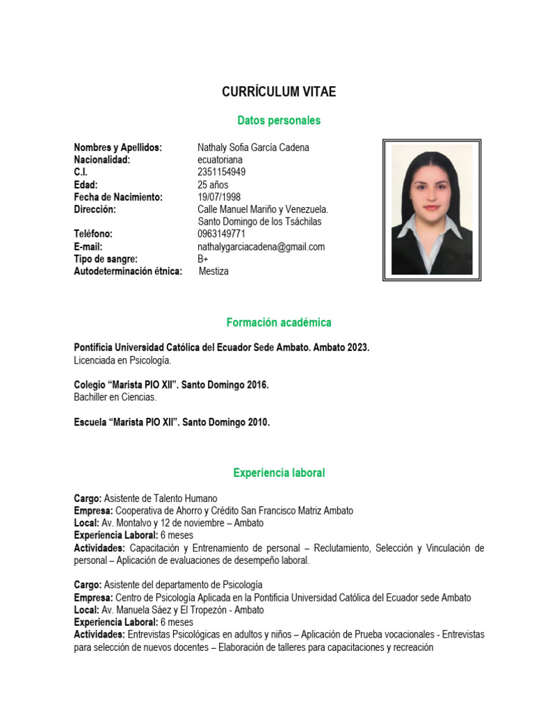 CV Psicóloga Nathaly García | PDF | Ecuador | Sicología