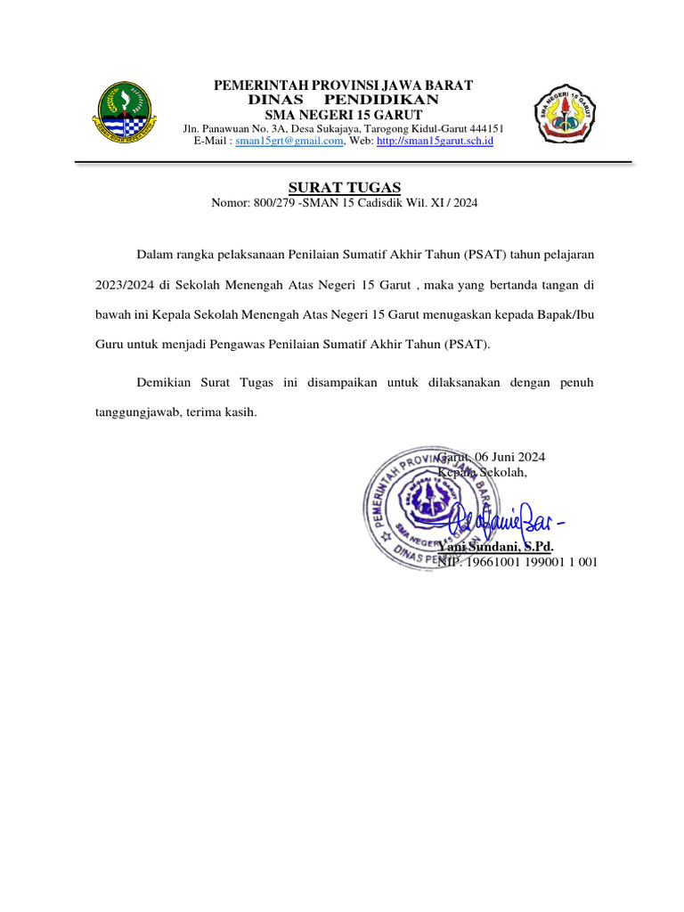 Surat Tugas Pengawas Psat 2024 | PDF
