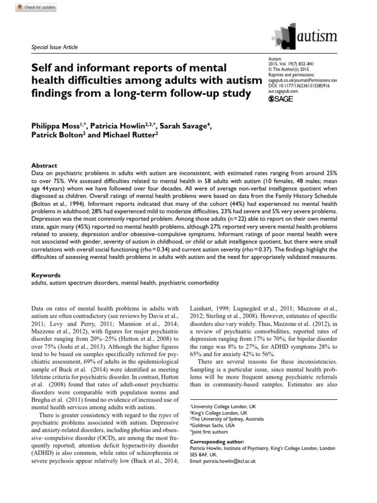 Mental Health in Adults with Autism | PDF | Mental Disorder | Autism ...
