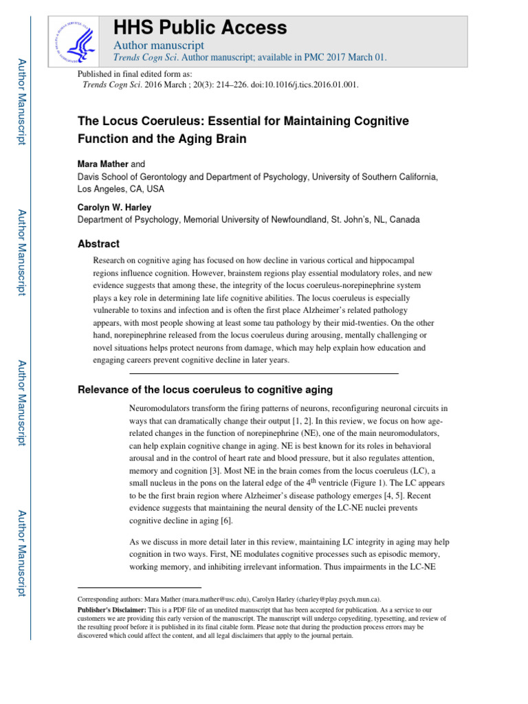The Locus Coeruleus - Essential For Maintaining Cognitive Function and The Aging Brain | PDF ...