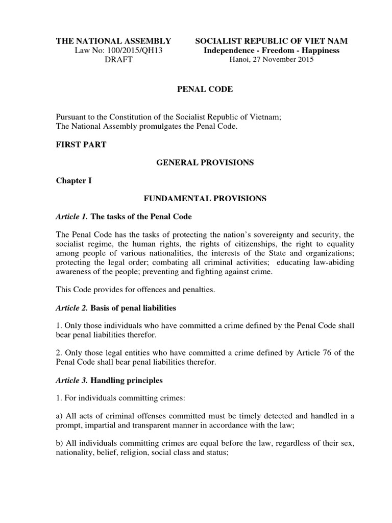 Vietnam Penal Code 2016 | PDF | Crimes | Crime & Violence