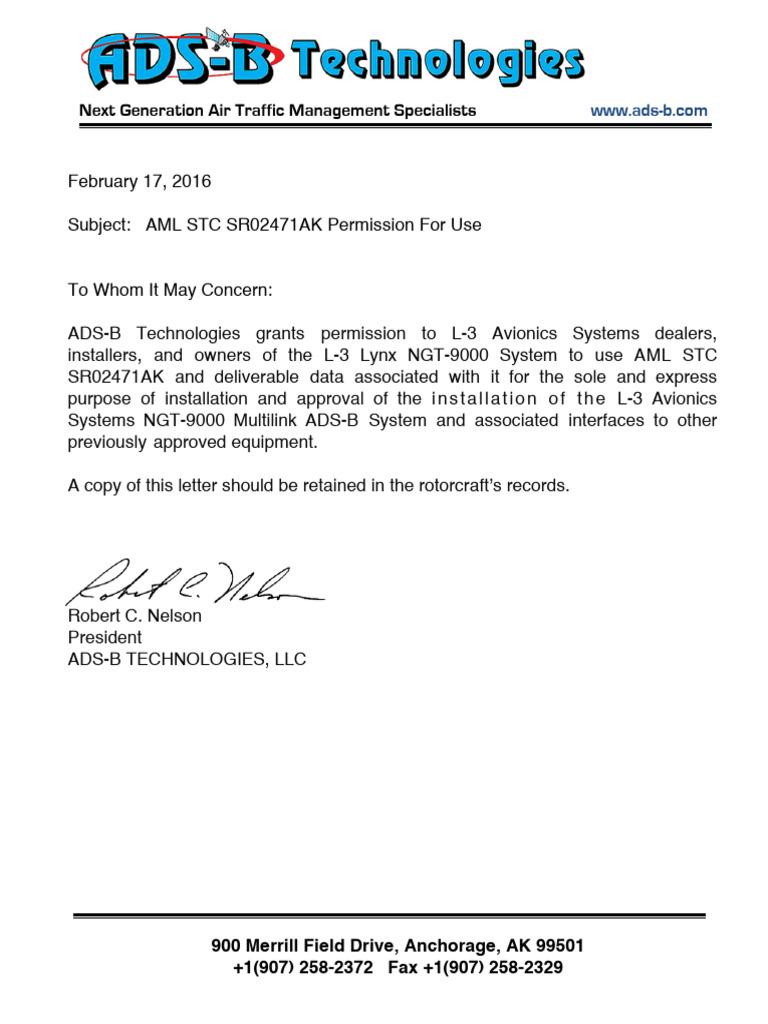 STC Permission For Use Letter SR02471AK | PDF