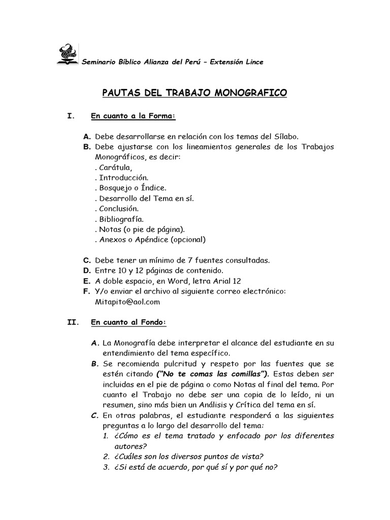 Pautas Del Trabajo Monografico | PDF | Bibliografía