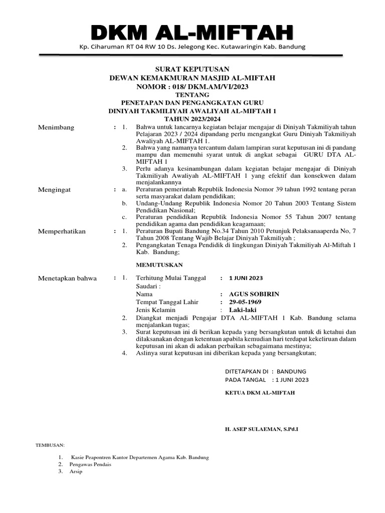 SK Dta Dan Suket Dta Al Miftah 1 | PDF
