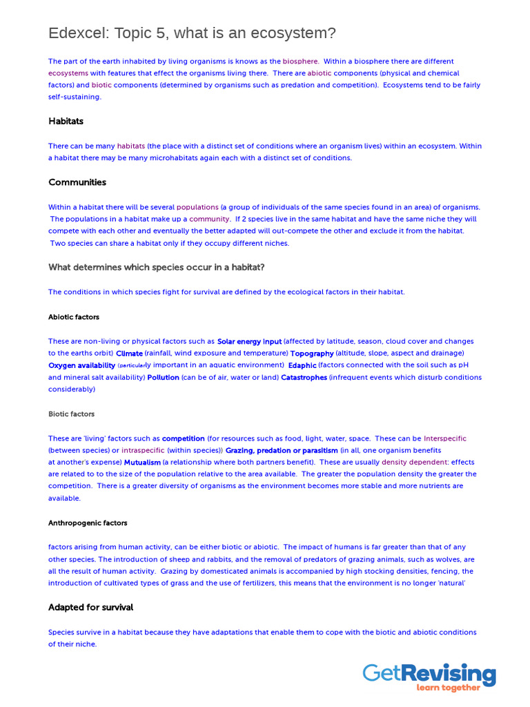 Edexcel Topic 5 What Is An Ecosystem | PDF | Ecosystem | Habitat
