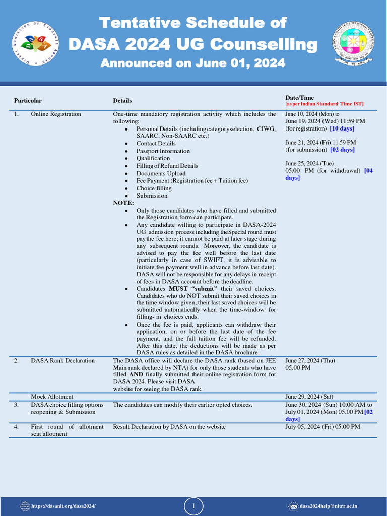 UG Schedule DASA-2024 | PDF