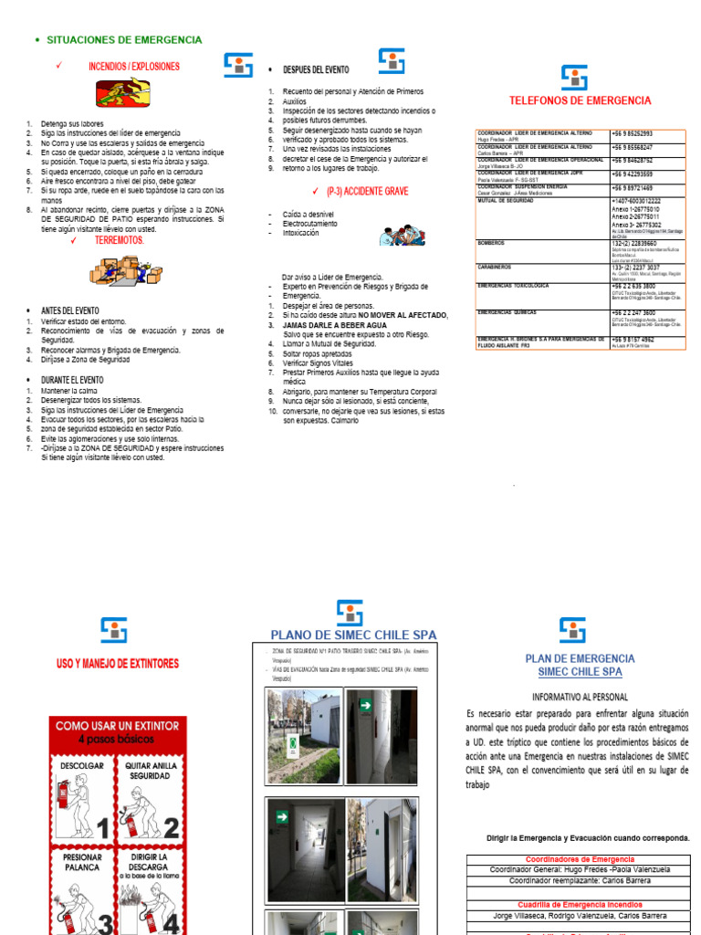 Triptico Plan de Emergencia Simec Chile Spa | PDF