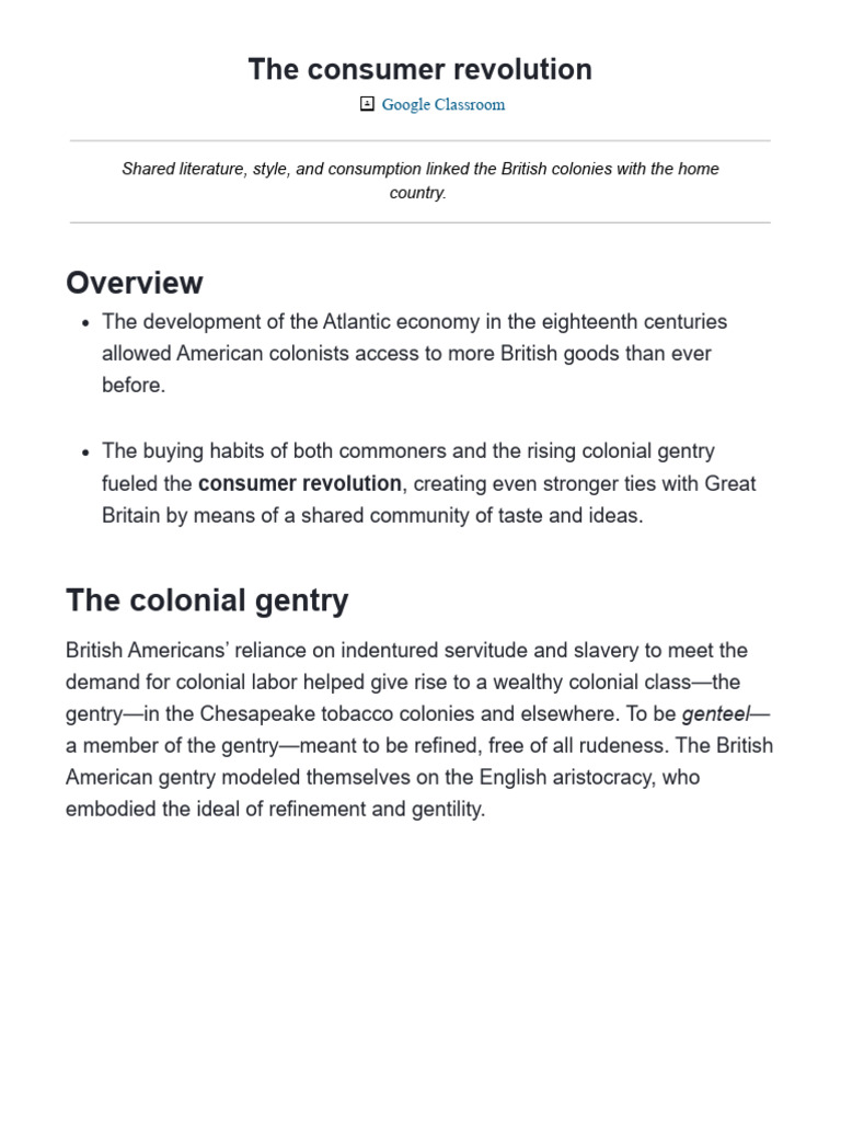 The Consumer Revolution (Article) - Khan Academy | PDF | Novels | Gentry