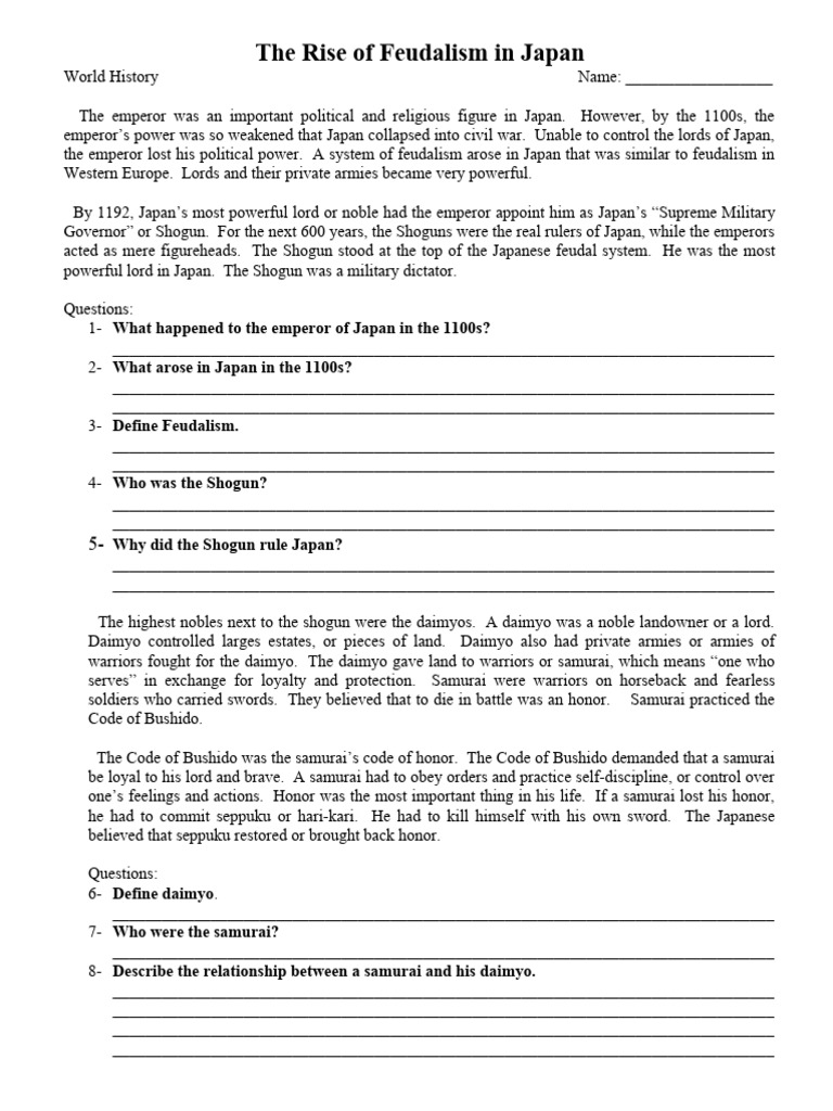 Feudal Japan Worksheet | PDF | Bushido | Samurai