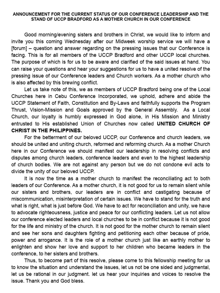 P Church Leadership and The Uccp Stand of Uccp Bradford | PDF ...
