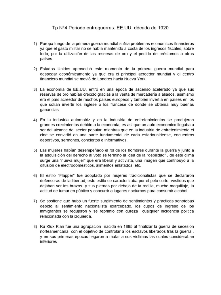 TP N°4 Periodo Entreguerras | PDF | Los Estados Unidos | Primera Guerra Mundial
