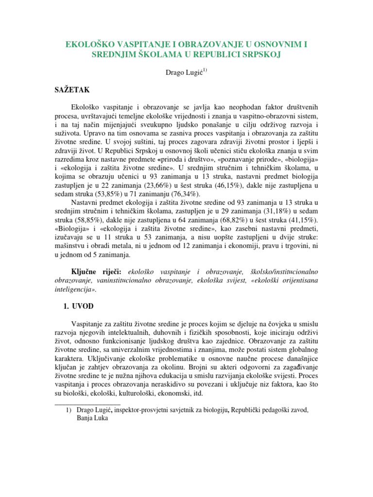 Ekolosko Vaspitanje I Obrazovanje Os I Ss | PDF