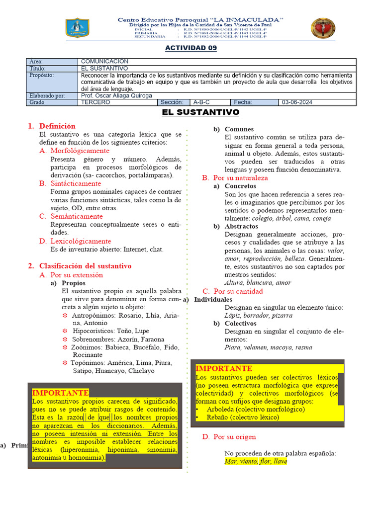 3RO COM El Sustantivo Actividad - 09 | PDF | Sustantivo | Palabra