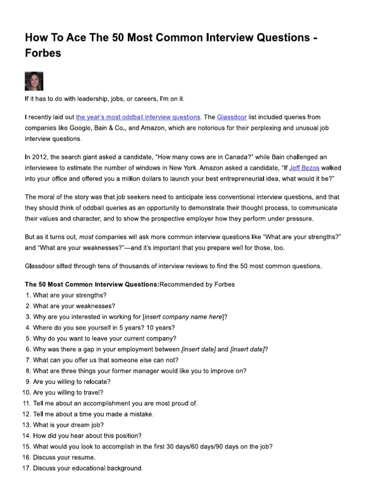 How To Ace The 50 Most Common Interview Questions - Forbes | PDF
