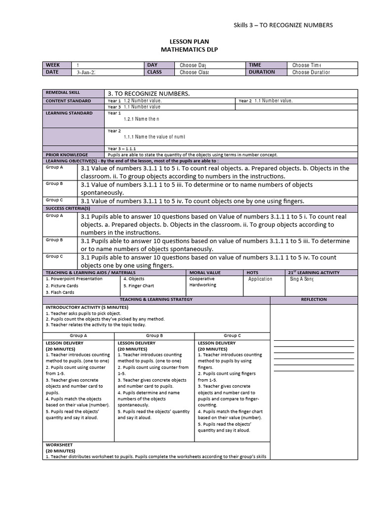 Lesson Plan Skill 3 - TO RECOGNIZE NUMBERS | PDF | Lesson Plan ...