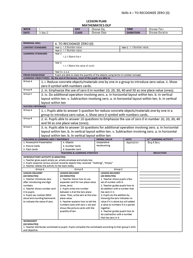 Lesson Plan Skill 4 - TO RECOGNIZE ZERO | PDF | Lesson Plan | Numbers