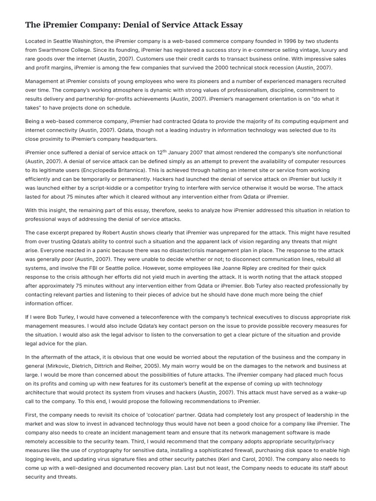 The Ipremier Company - Denial of Service Attack - 810 Words - Essay Example | PDF | Computer ...