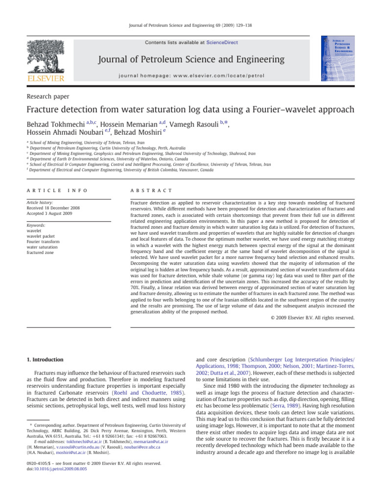 Fracture Detection From Water Saturation Log Data Using a Fourier–Wavelet Approach | PDF ...
