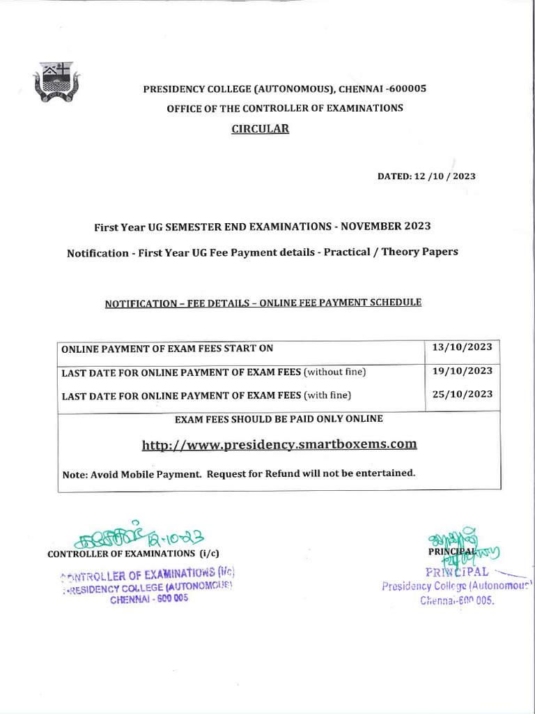 UG - 2023 Batch I Year Fees Circular | PDF