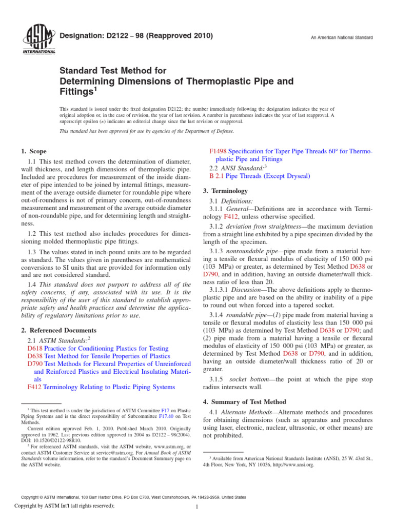 Determining Dimensions of Thermoplastic Pipe and Fittings: Standard ...