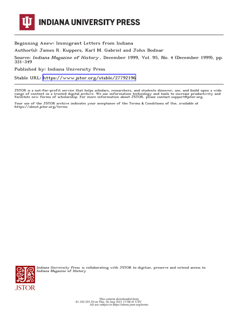 Immigrant Letters From Indiana | PDF