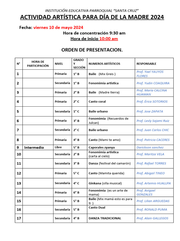 Orden de Presentacion DIA de LA MADRE 2024 | PDF