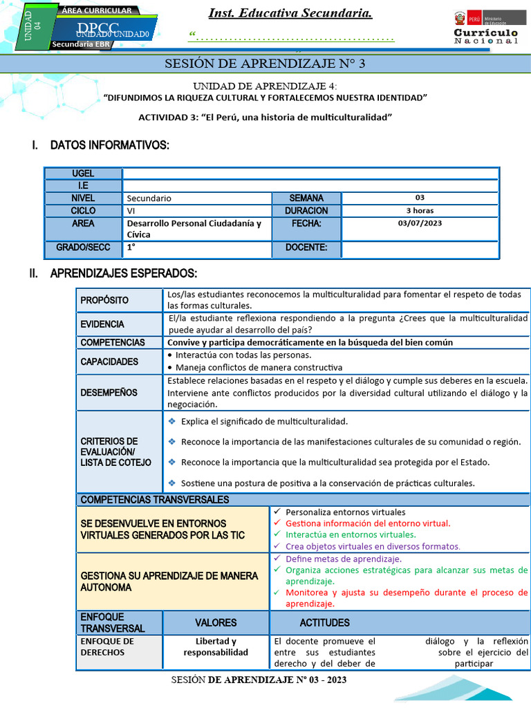1º DPCC - Ses 3 Uni 4 - Sem 03 | Descargar gratis PDF | Aprendizaje | Evaluación