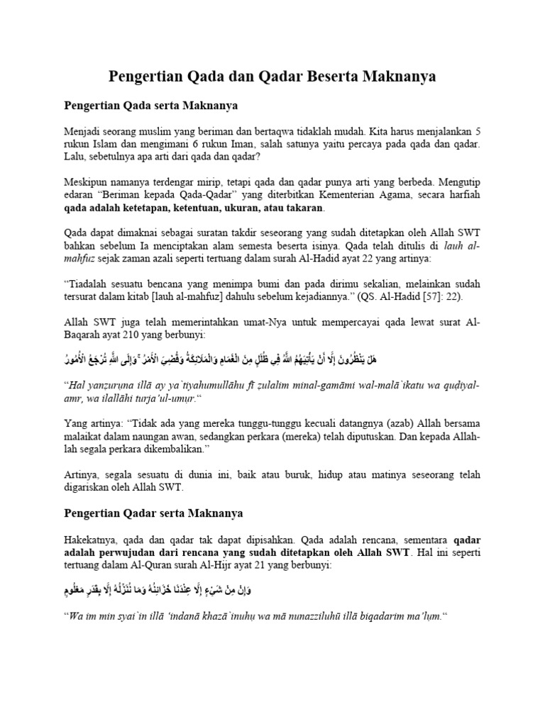 Pengertian Qada Dan Qadar Beserta Maknanya | PDF