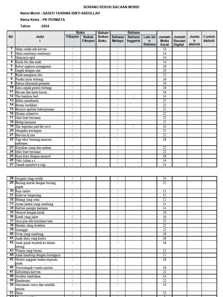 Borang Rekod Bacaan Nilam 2024 Pdf