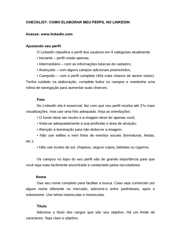 T07 - CHECKLIST_ COMO ELABORAR MEU PERFIL NO LINKEDIN | PDF | LinkedIn ... T07 - CHECKLIST_ COMO ELABORAR MEU PERFIL NO LINKEDIN | PDF | LinkedIn ...