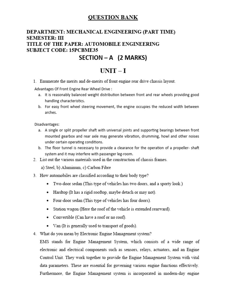 Automobile Engineering Question Bank | PDF | Fuel Cell | Brake