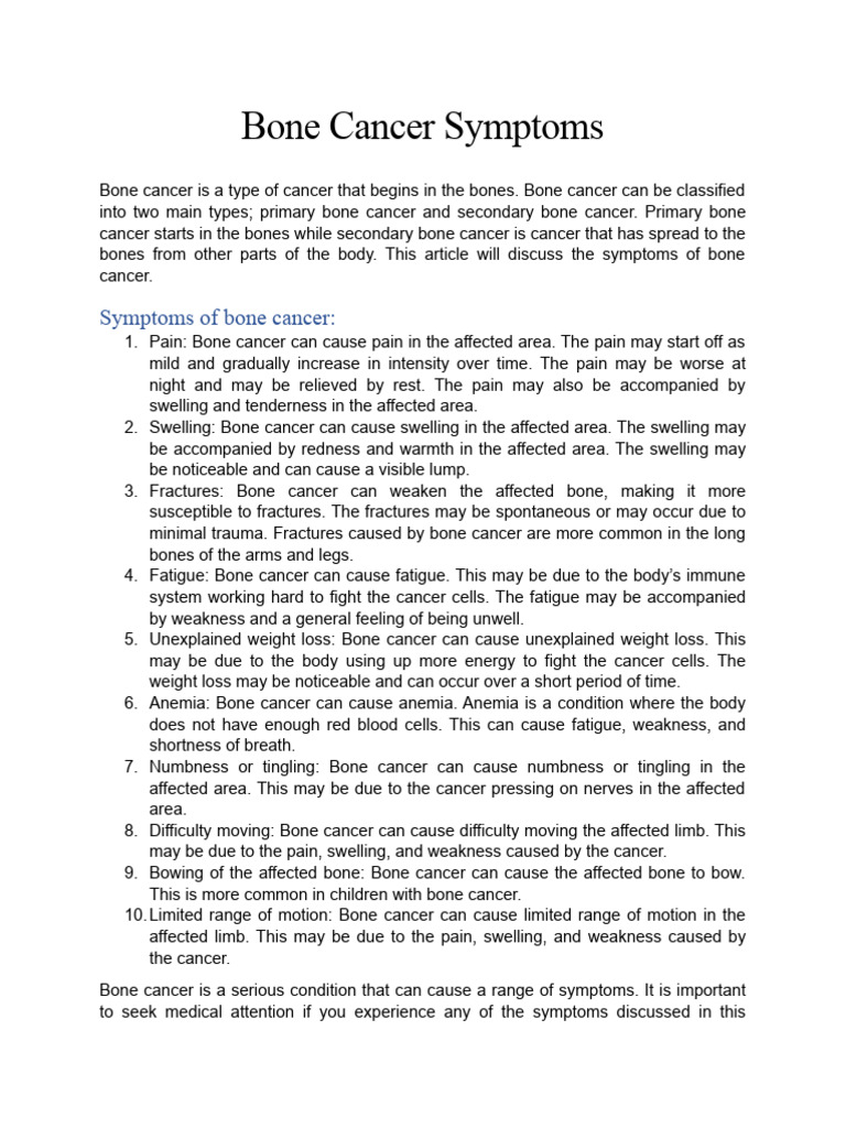 Bone Cancer Symptoms | Download Free PDF | Cancer | Paresthesia