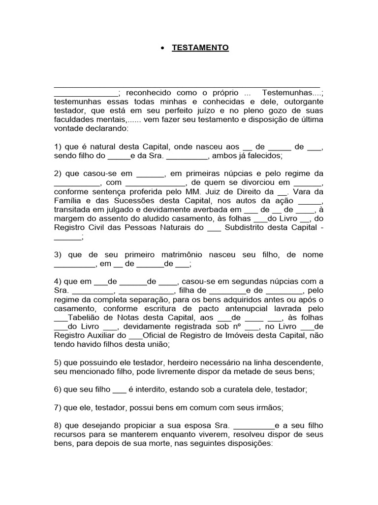 MODELO TESTAMENTO Com Tese | PDF | Testamento | Casamento