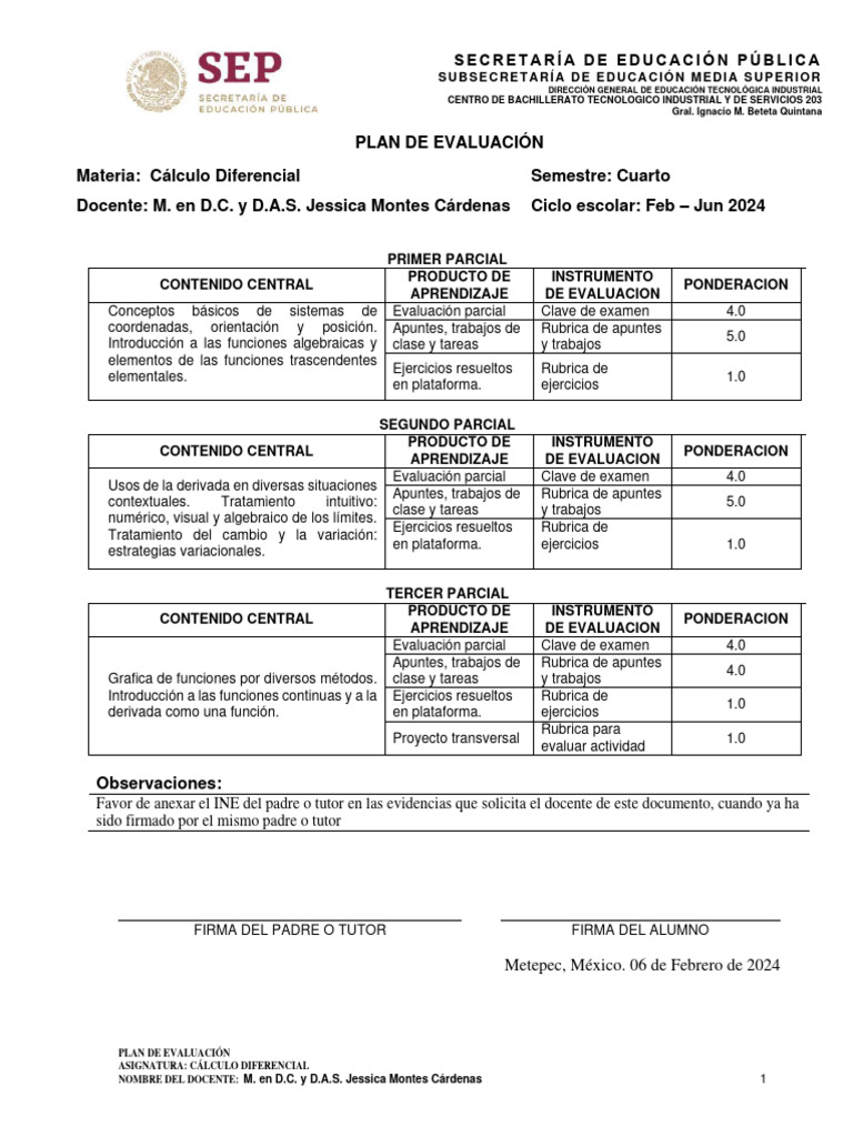 Plan - de - Evaluacion - Cálculo Diferencial 2024 | PDF | Evaluación