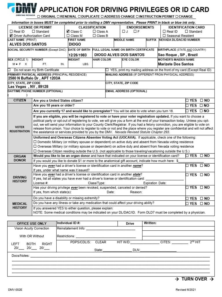 DMV 002 - Driver's License or Identification Card Application - English ...