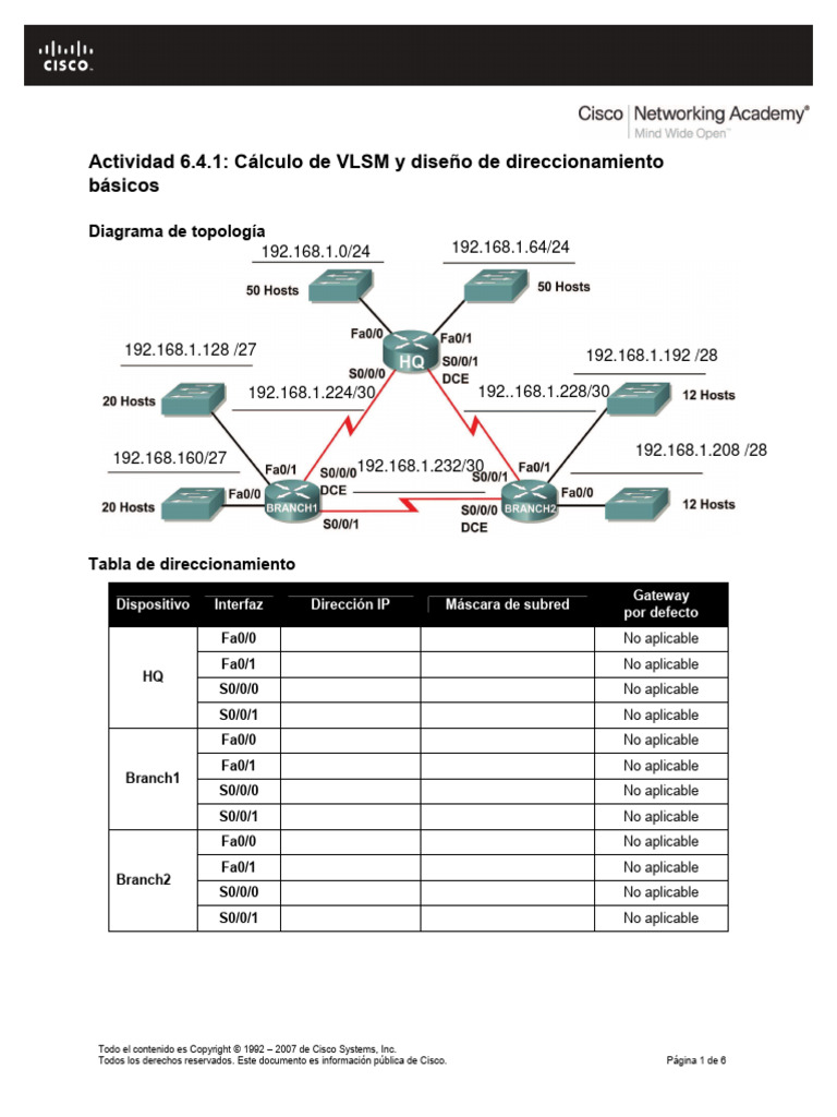 Actividad_6_4_1_Calculo_de_VLSM_y_diseno | PDF | Dirección IP | Protocolos de internet