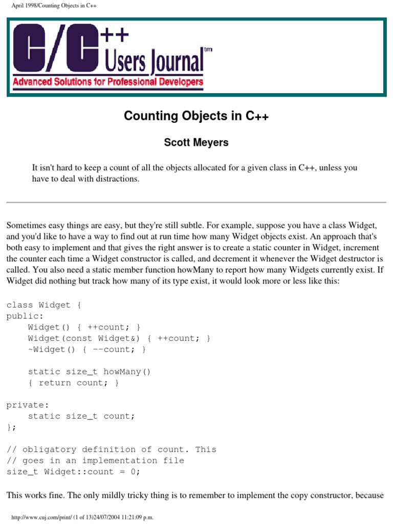 April 1998 - Counting Objects in C++ | PDF | Class (Computer ...