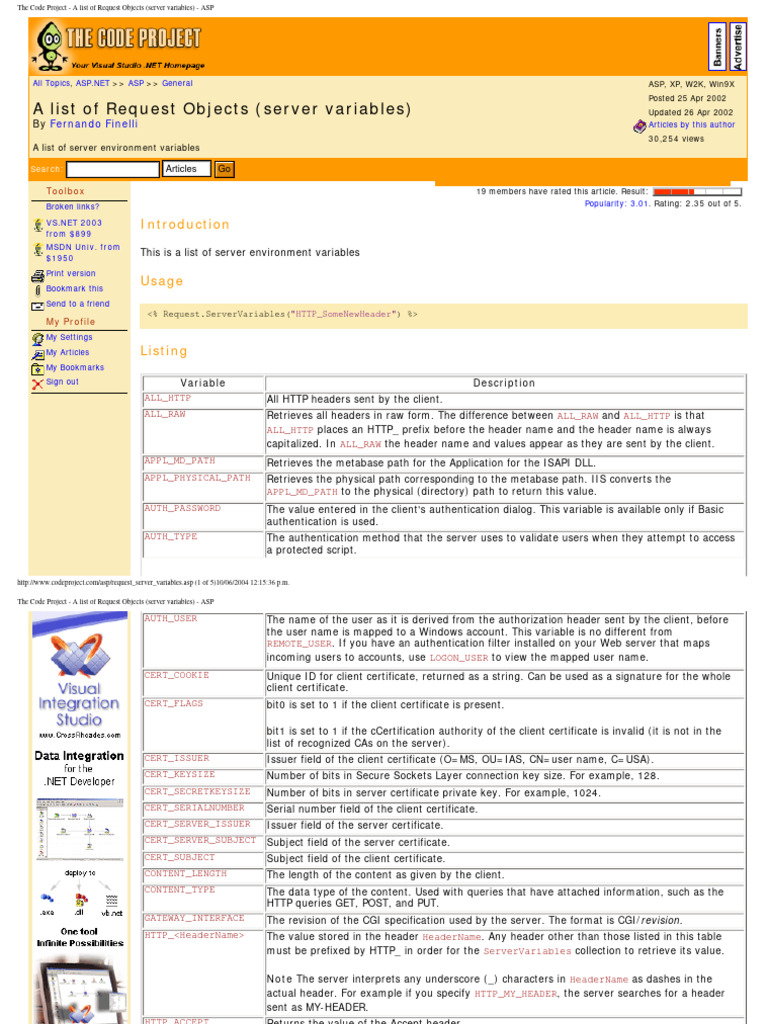 A list of Request Objects (server variables) - ASP 2 | PDF | Web Server | Internet & Web