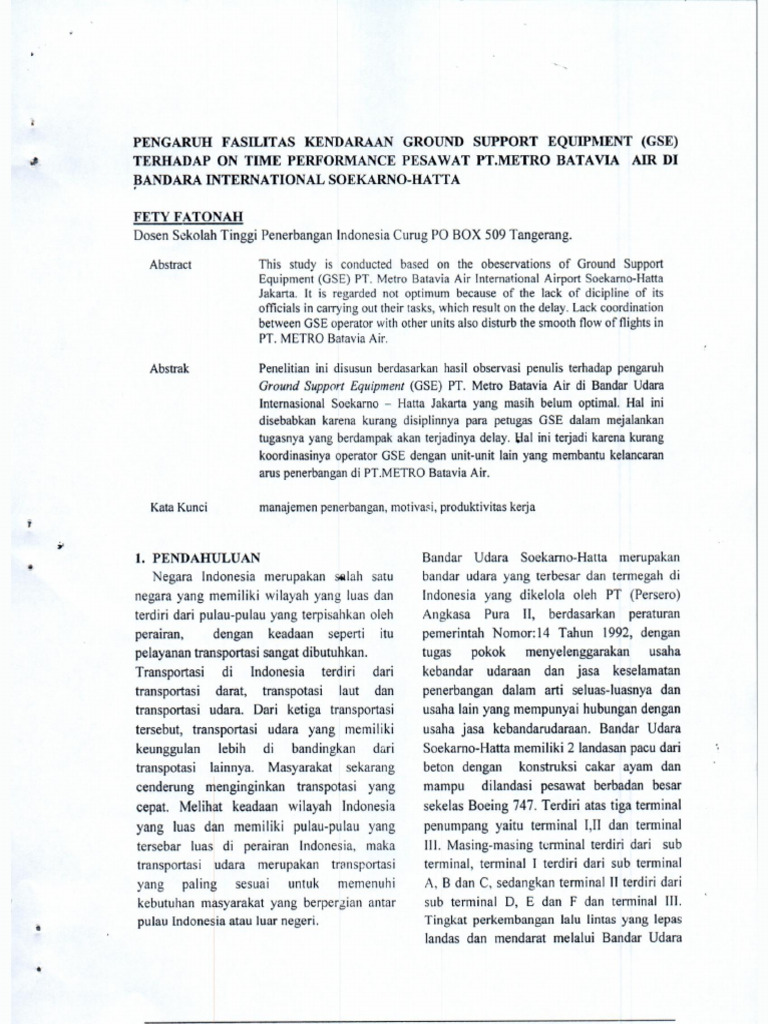 Pengaruh Fasilitas Kendaraan Gse Terhadap On Time Perfomance Pesawat | PDF Pengaruh Fasilitas Kendaraan Gse Terhadap On Time Perfomance Pesawat | PDF