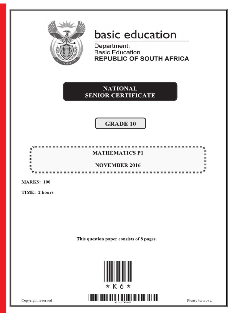 2016 DBE Grade 10 Math P1 Nov QP | PDF
