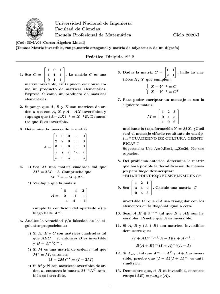 Práctica de Álgebra Lineal: Matrices y Digráfos | PDF | Matriz ...