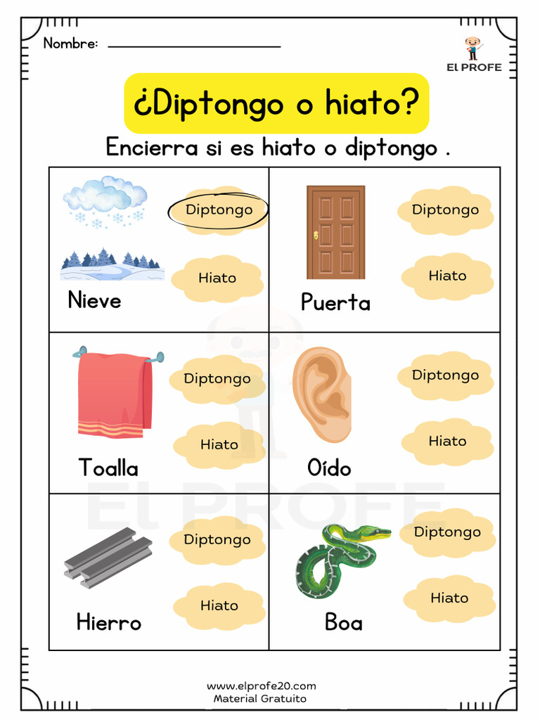 Ejercicios de Diptongo y Hiato Elprofe20 | PDF